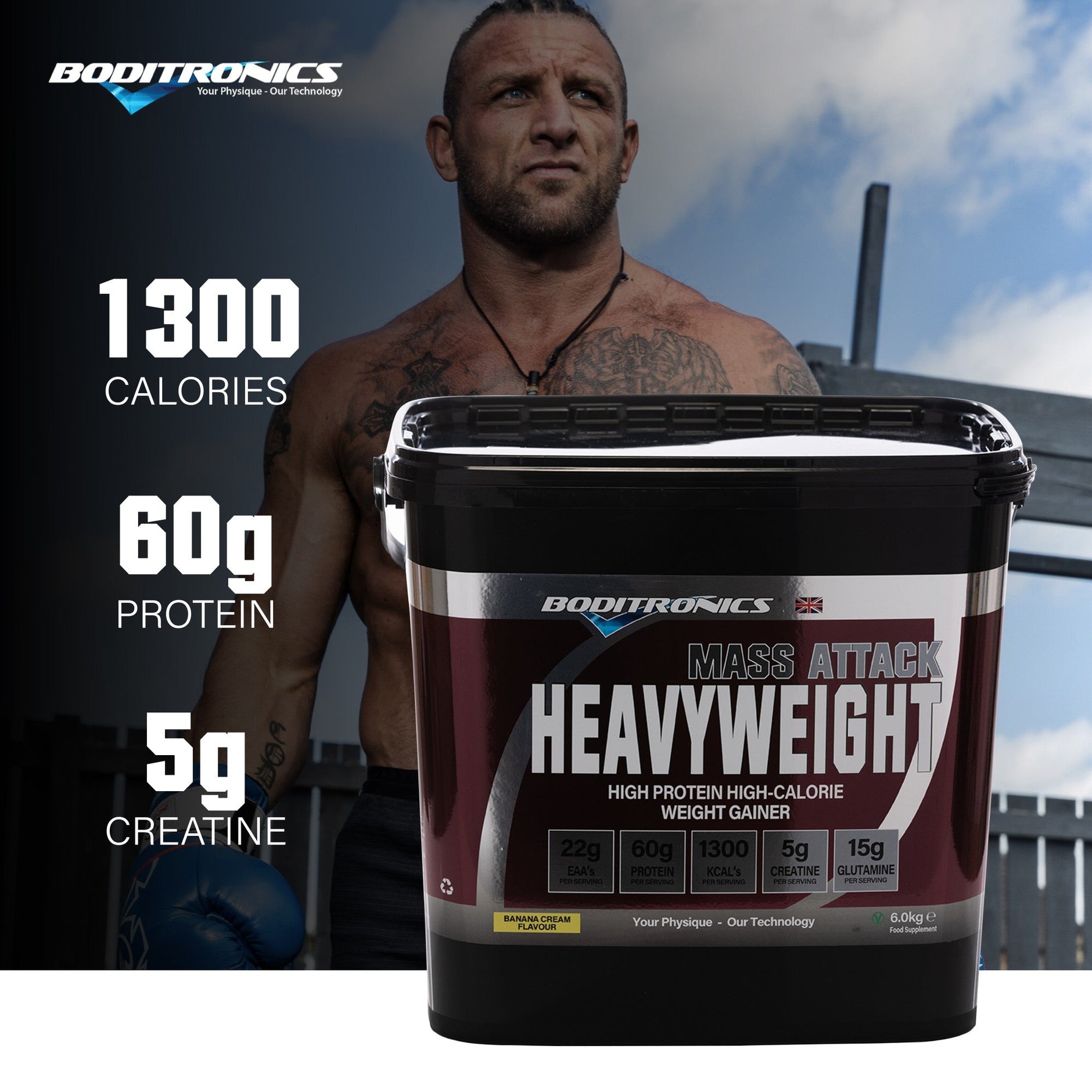 Boditronics mass attack heavyweight, high calorie weight gainer.